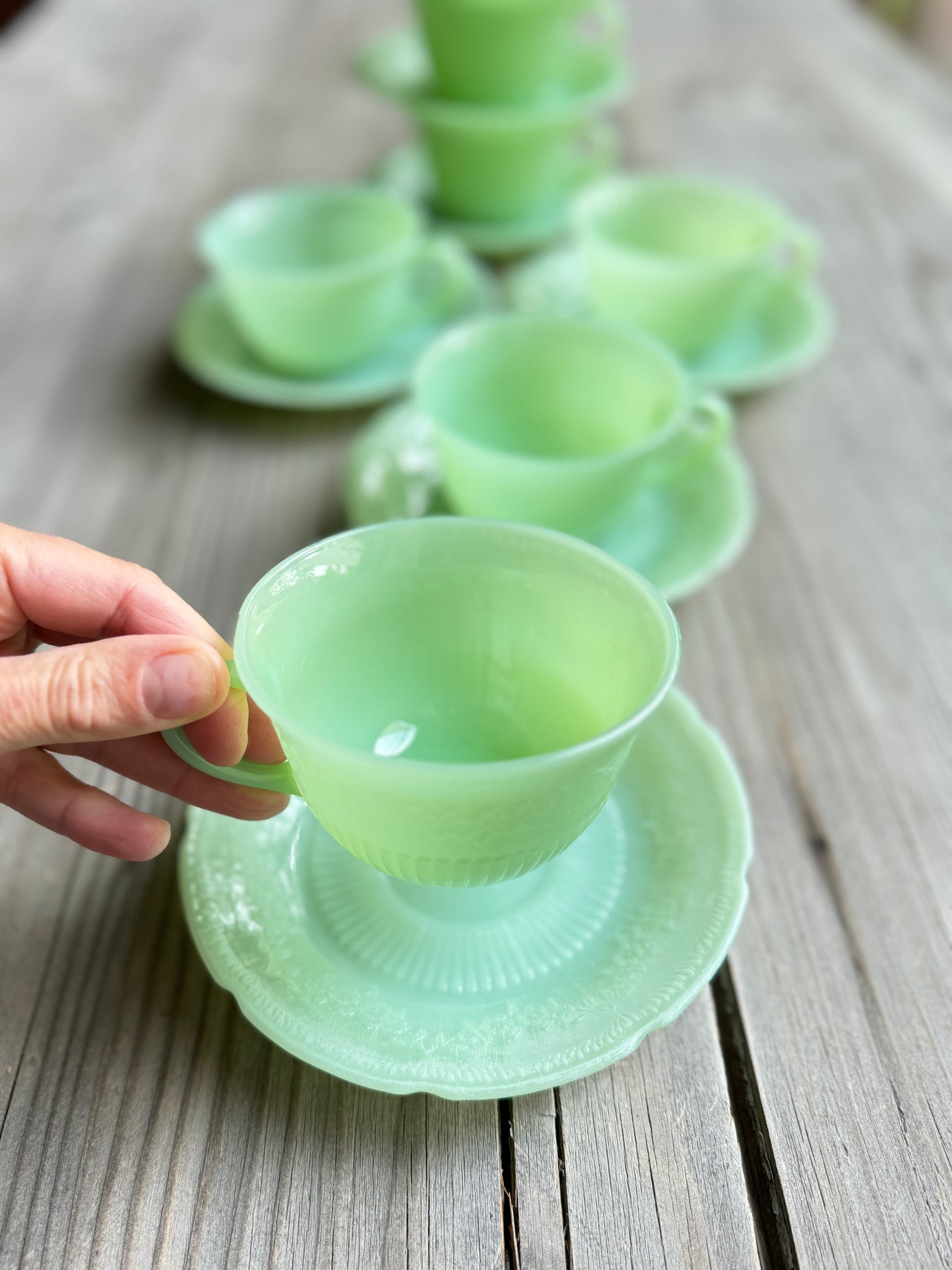 Vintage Jadeite Cups and Saucers – Bowl + Pitcher