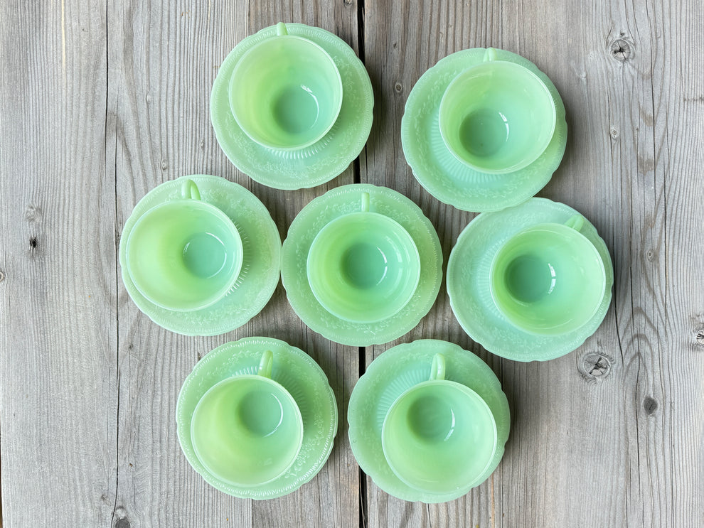 Vintage Jadeite Cups and Saucers – Bowl + Pitcher