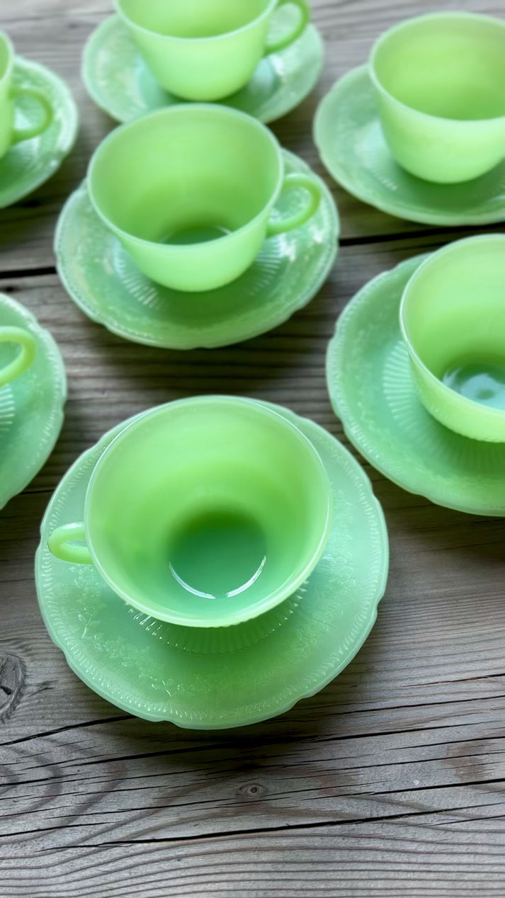 Vintage Jadeite Cups and Saucers – Bowl + Pitcher